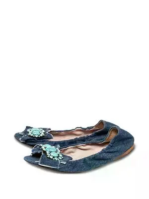 Miu Miu Denim Ballet Flats With Crystal Embellishment