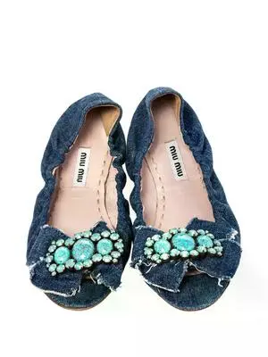 Miu Miu Denim Ballet Flats With Crystal Embellishment