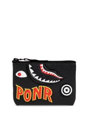 A BATHING APE Leather Pouch With Shark Applique - Black
