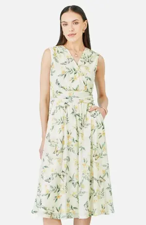 YUMI Floral Print Mesh Stretch Midi Dress - Ivory