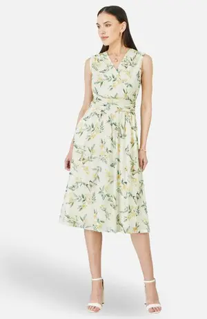 YUMI Floral Print Mesh Stretch Midi Dress - Ivory