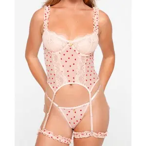 One Empire Amara Bodysuit With Lace And Heart Print - Pink