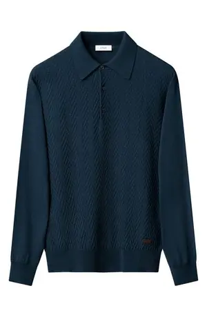 Eton Chevron Structure Long Sleeve Polo - Medium Blue