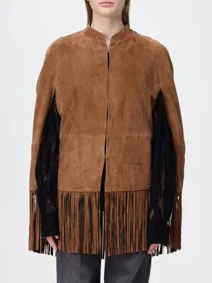 Federica Tosi Suede Cape Jacket With Fringe And Lace - Brown