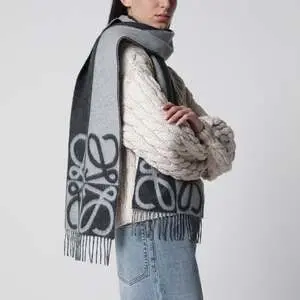 Loewe Bicolour Anagram Jacquard Wool-cashmere Scarf - Grey
