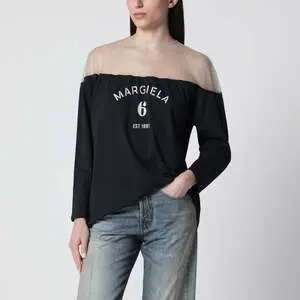 MAISON MARGIELA Cotton Jersey Top With Sheer Insert And Logo Print