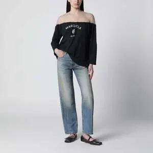 MAISON MARGIELA Cotton Jersey Top With Sheer Insert And Logo Print