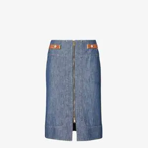 Fendi Chambray Denim Midi Skirt With Leather Straps - Blue