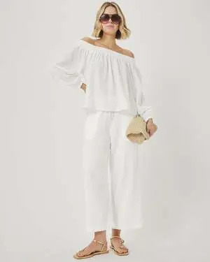 Splendid Ava Gauze Wide Leg Cropped Pants - Light Wicker