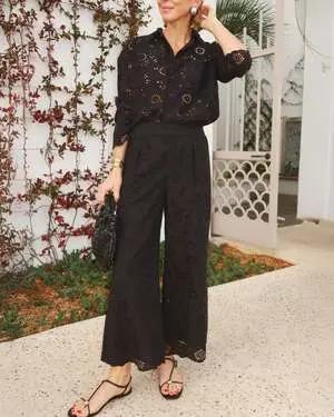 Splendid X @cellajaneblog Eyelet Wide Leg Cropped Trousers - Black