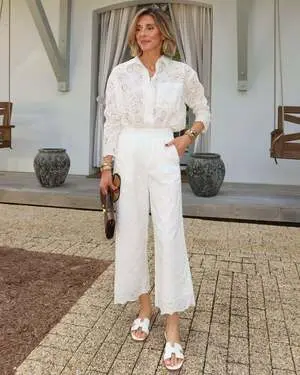 Splendid X @cellajaneblog Eyelet Cropped Wide Leg Trousers - White