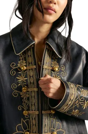 Free People Lana Embroidered Leather Jacket