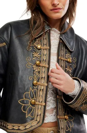 Free People Lana Embroidered Leather Jacket