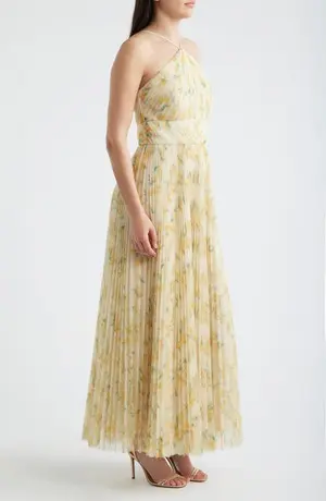 HUTCH Blaine Pleated Floral Halterneck Gown