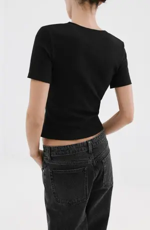 Mango Lace Trim Rib Knit Cropped Top - Black