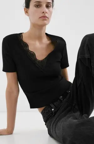 Mango Lace Trim Rib Knit Cropped Top - Black