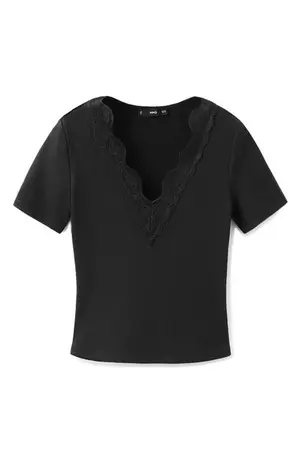 Mango Lace Trim Rib Knit Cropped Top - Black