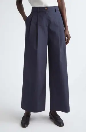 Lafayette 148 New York Park Pleated Organic Cotton Wide Leg Ankle Pants - Ink