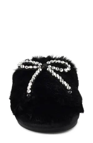 CANDIE'S Franney Bow Embellished Faux Fur Slipper - Black