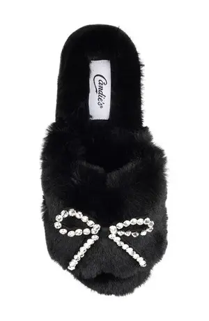 CANDIE'S Franney Bow Embellished Faux Fur Slipper - Black