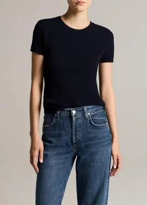 Vince Textured Italian Wool & Cotton-blend Short-sleeve Sweater - Navy
