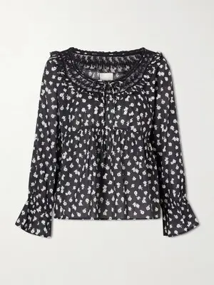Posse Danielle Floral-print Cotton-voile Blouse With Lace Trim - Black