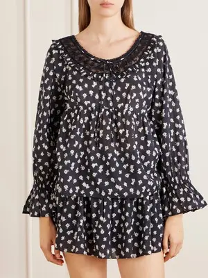 Posse Danielle Floral-print Cotton-voile Blouse With Lace Trim