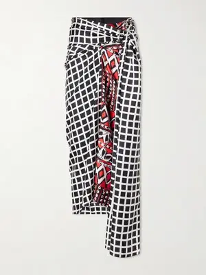 LANVIN Asymmetric Belted Printed Silk Midi Skirt - Black