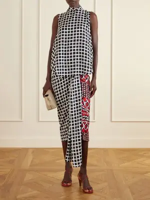 LANVIN Asymmetric Belted Printed Silk Midi Skirt