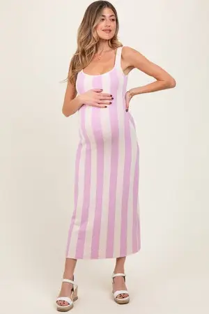 PINKBLUSH Striped Terry Knit Sleeveless Maternity Midi Dress - Pink