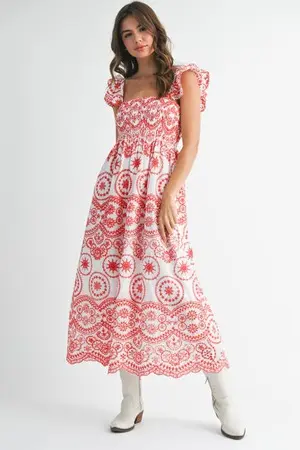 PINKBLUSH Embroidered Smocked Cutout Midi Dress - Red