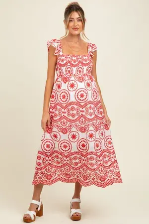 PINKBLUSH Embroidered Smocked Cutout Midi Dress