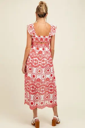 PINKBLUSH Embroidered Smocked Cutout Midi Dress