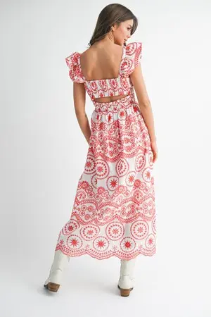 PINKBLUSH Embroidered Smocked Cutout Midi Dress