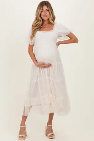 PINKBLUSH Pink Tulle Puff Sleeve Smocked Midi Dress - Cream