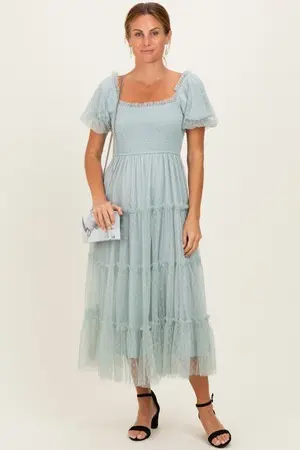 PINKBLUSH PinkBlush Tulle Puff Sleeve Smocked Midi Dress Light Olive