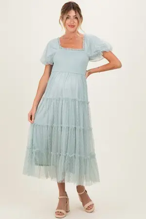 PINKBLUSH Pink Tulle Puff Sleeve Smocked Midi Dress - Light Olive