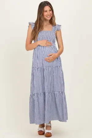 PINKBLUSH Striped Ruffle Strap Smocked Maternity Maxi Dress