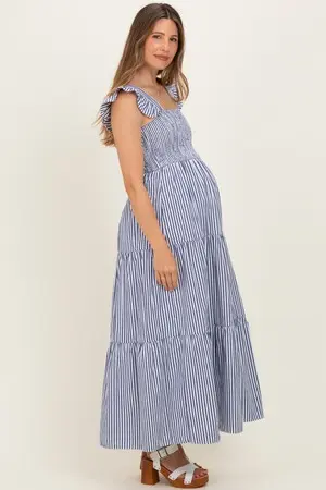 PINKBLUSH Striped Ruffle Strap Smocked Maternity Maxi Dress