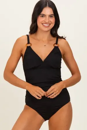 PINKBLUSH Ribbed O-ring Strap Cutout Back One Piece Swimsuit - Black