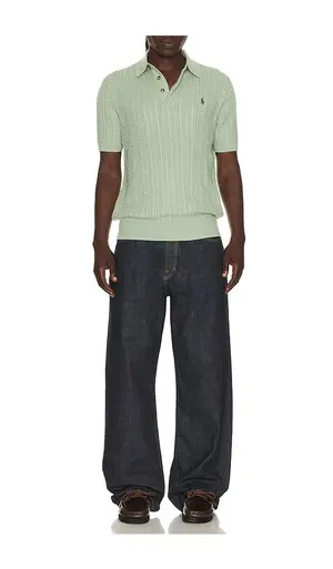 Polo Ralph Lauren Short Sleeve Featherweight Cable Knit 3-button Placket Polo Sweater In Green