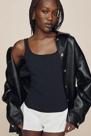 Maeve Square-neck Clasp Button Tank Top - Black
