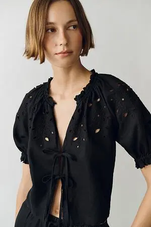 Rails Linen Embroidered Tie Front Blouse