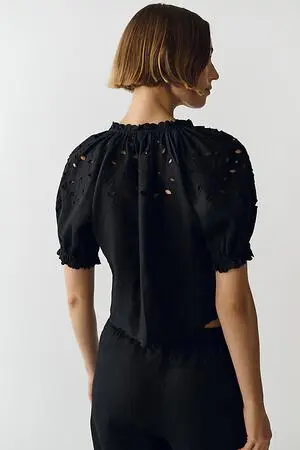 Rails Linen Embroidered Tie Front Blouse