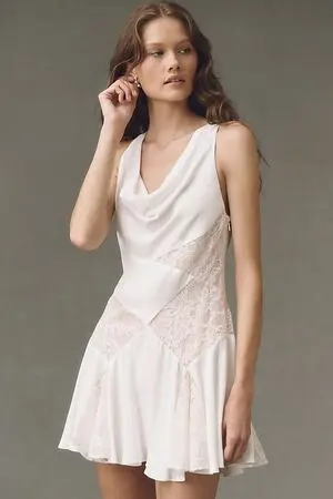 Bhldn Satin Lace Cowl Neck Mini Dress