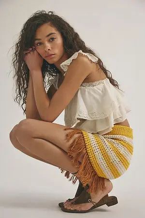 THE FARRA Hand-crocheted Striped Mini Skirt With Fringe Trim