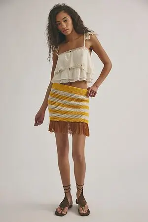 THE FARRA Hand-crocheted Striped Mini Skirt With Fringe Trim