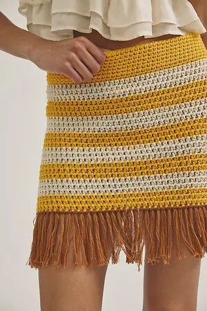 THE FARRA Hand-crocheted Striped Mini Skirt With Fringe Trim