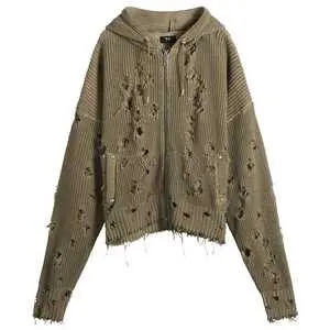 THUG CLUB Distressed Knitted Zip-up Hoodie