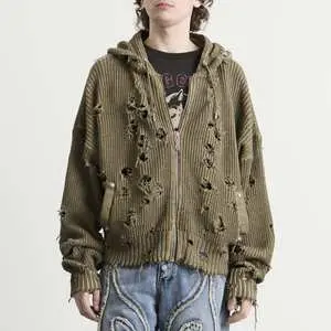 THUG CLUB Distressed Knitted Zip-up Hoodie